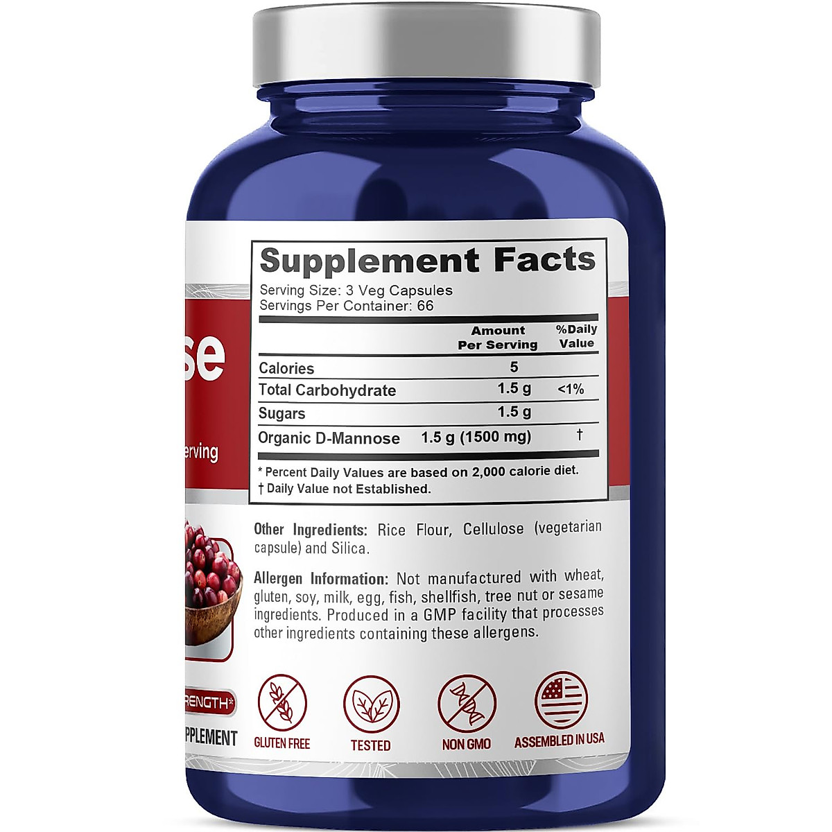 NusaPure D-Mannose 1500 mg per Serving - 200 Vegetarian Capsules (Organic, Non-GMO, Gluten-Free)