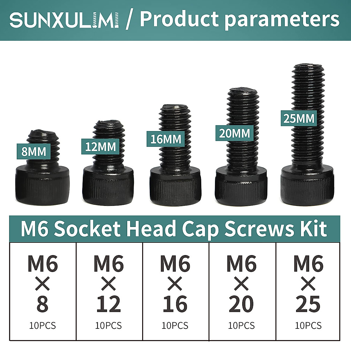 M6 x 8mm 12mm 16mm 20mm 25mm Hex Socket Head Cap Screws Bolts, 12.9 Grade Alloy Steel, Black Oxide Finish, Fully Threaded, Metric Allen Hex Drive, Assortment Kit 50PCS