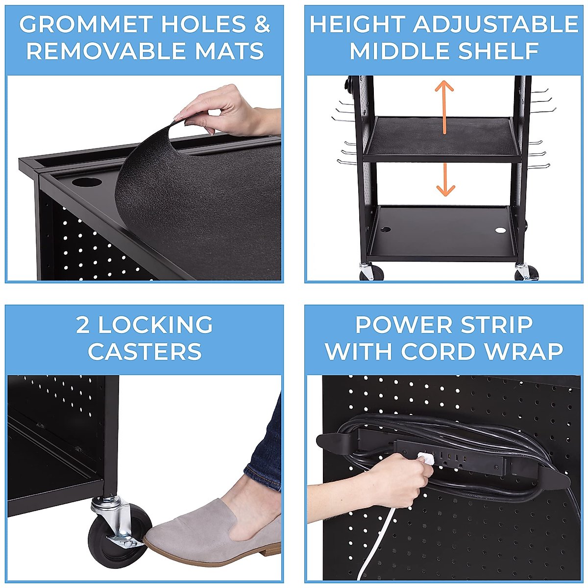 Line Leader Stellar AV Cart | Reimagine Your Teacher Cart with Revolutionary Pegboard Siding & 12 Movable Peg Hooks for Customizable Storage | UL Safety Certified Mobile Workstation with Keyboard Tray