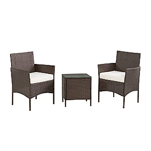 Lavish Home 80-OUTD-WK-CUSHCHTBL (Brown) Outdoor Patio Set – 3-Piece Rattan Seating Combo with 2 Cushioned Chairs and Table for Deck or Front Porch Furniture