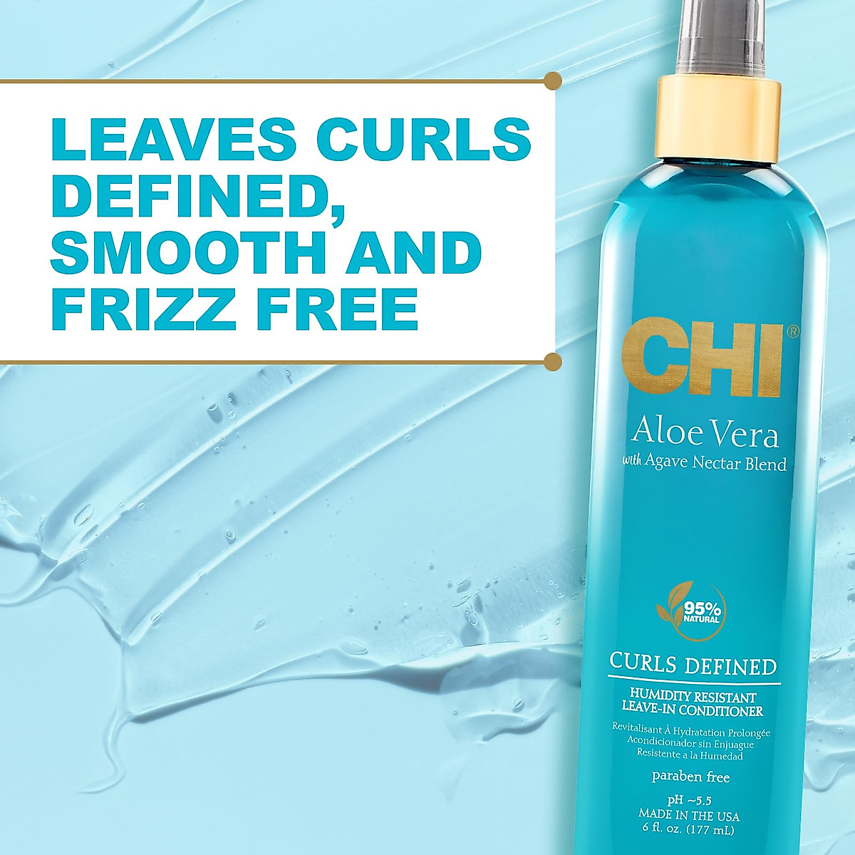 CHI Aloe Vera Humidity Resistant Leave-In Conditioner, For Defined, Smooth & Frizz-Free Curls, Sulfate, Paraben, & Cruelty-Free, 6 Oz