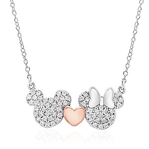 Disney Mickey and Minnie Mouse Sterling Silver Two Tone Cubic Zirconia Necklace with Pink Heart; Jewelry for Women, 18"