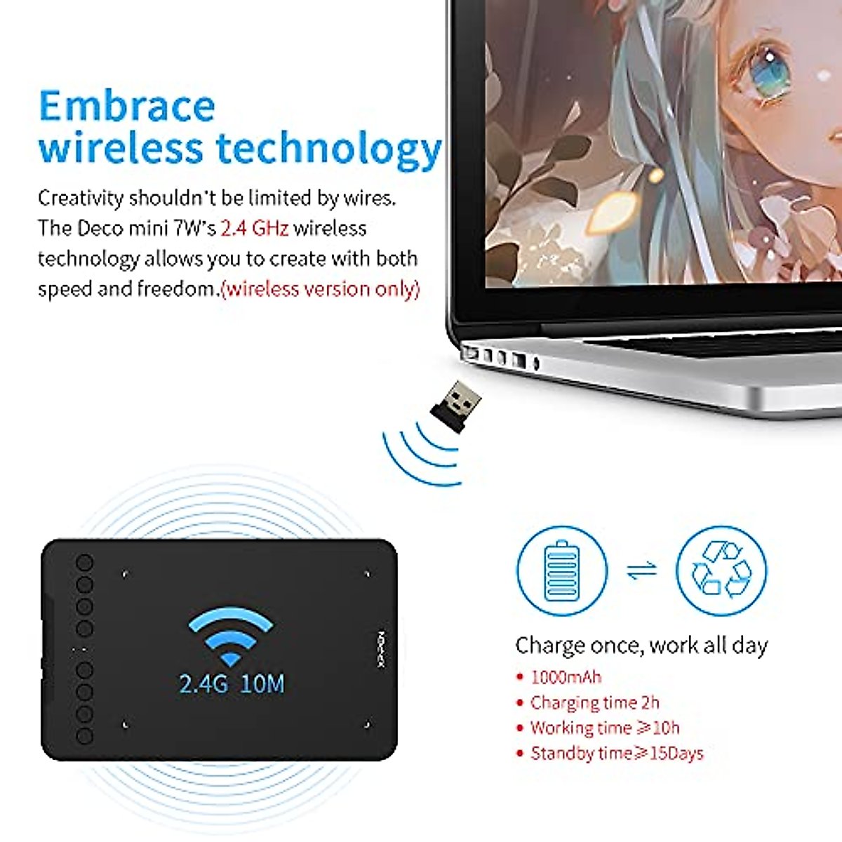 Wireless Drawing Tablet XPPen Deco mini7W Graphic Tablet Pen Tablet with 8192 Levels Pressure, 7 x 4 inch Artist Tablet for Online Teaching/E-Learning Compatible with Window/Mac/Android/Chrome/Linux
