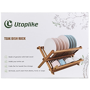Utoplike Teak Dish Drainer Rack Collapsible 2 Tier Dish Rack Dish Drying Rack Foldable Plate Organizer Holder for Kitchen Compact