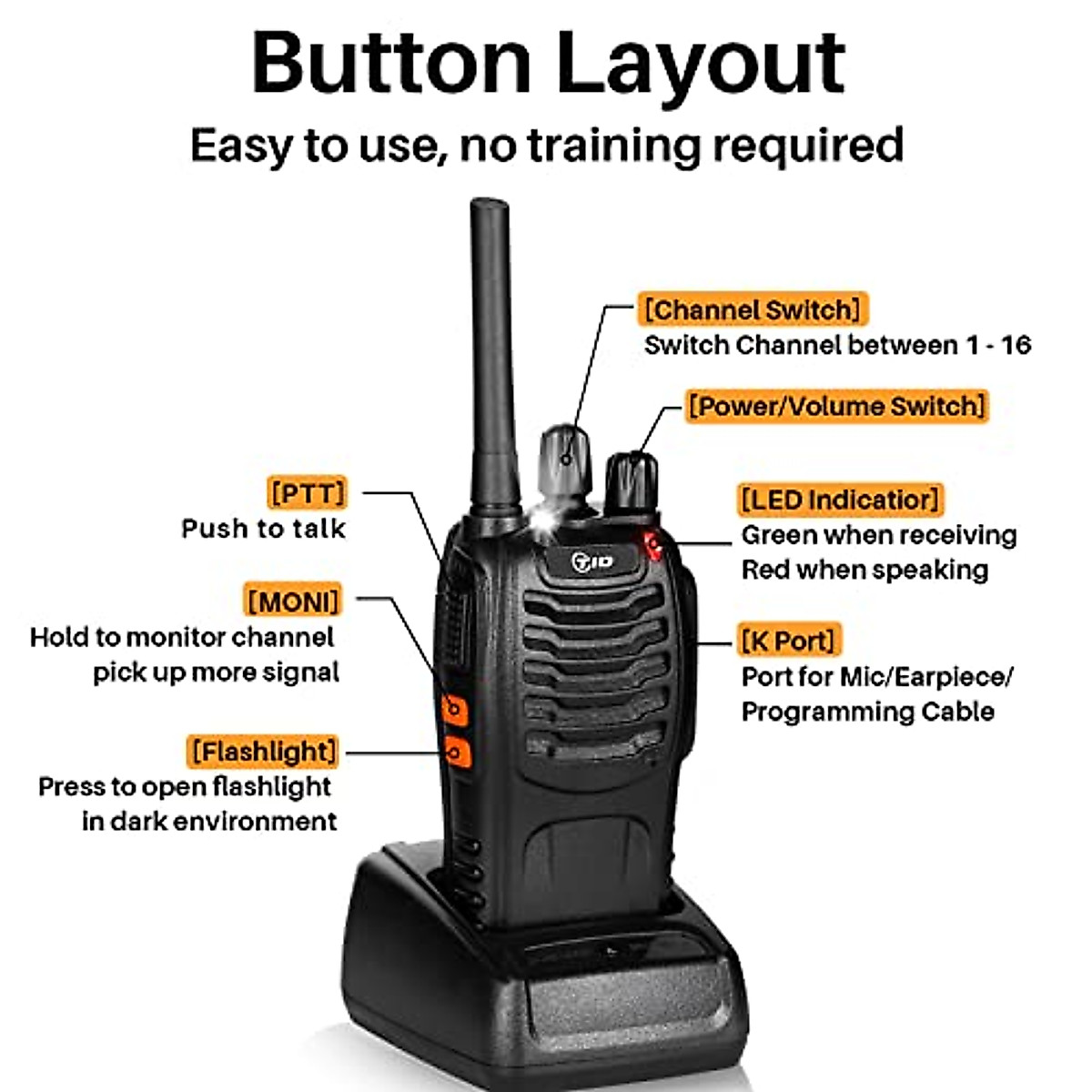 TIDRADIO TD-V2 Walkie Talkies for Adults with Earpiece and 8 Battery 2 Way Radios Walkie Talkies Long Range Hand Free with Flashilght Two Way Radio Rechargeable for Business or Family (4 Pack)