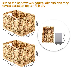 ELONG HOME Water Hyacinth Wicker Baskets, Rectangular 12" Wicker Basket 2 Pack, Wicker Basket for Shelves, Woven Storage Baskets with Handles