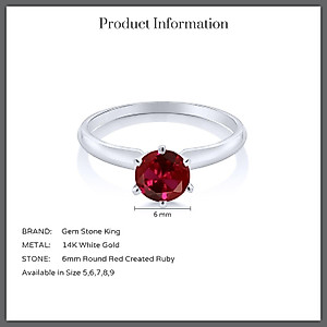 Gem Stone King 14K White Gold Red Created Ruby Women Engagement Solitaire 6-Prong Ring (1.00 Cttw, Gemstone Birthstone) (Size 7)