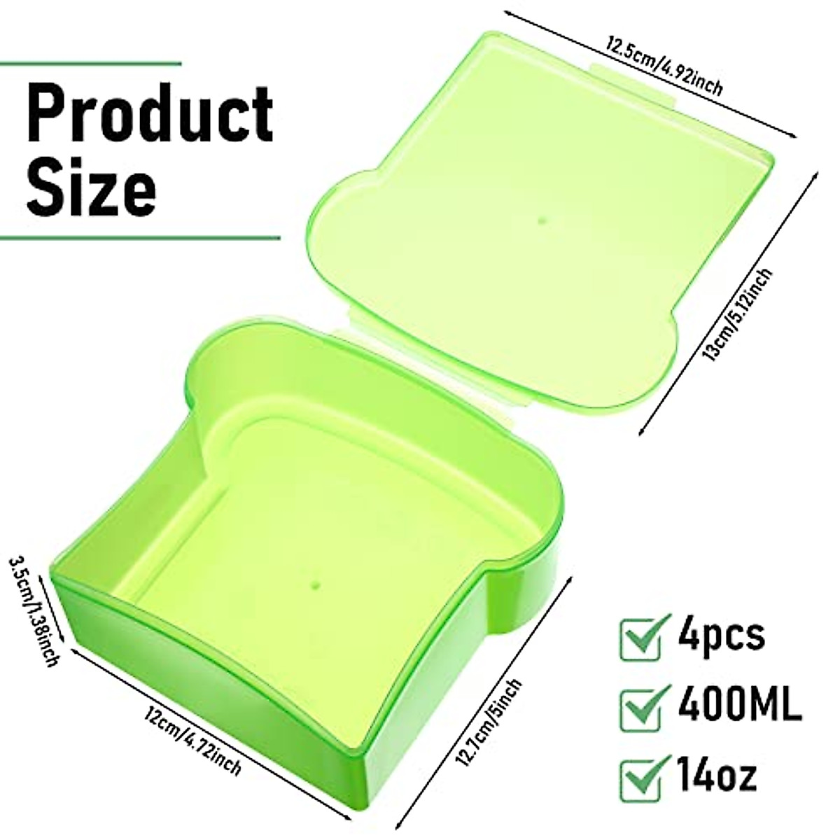 Meanplan 4 Pcs Sandwich Containers Sandwich Box Food Storage Toast Shape Holder Plastic Bread Sandwich Keeper Prep Microwave Dishwasher Safe, 14 oz(Bright Color)