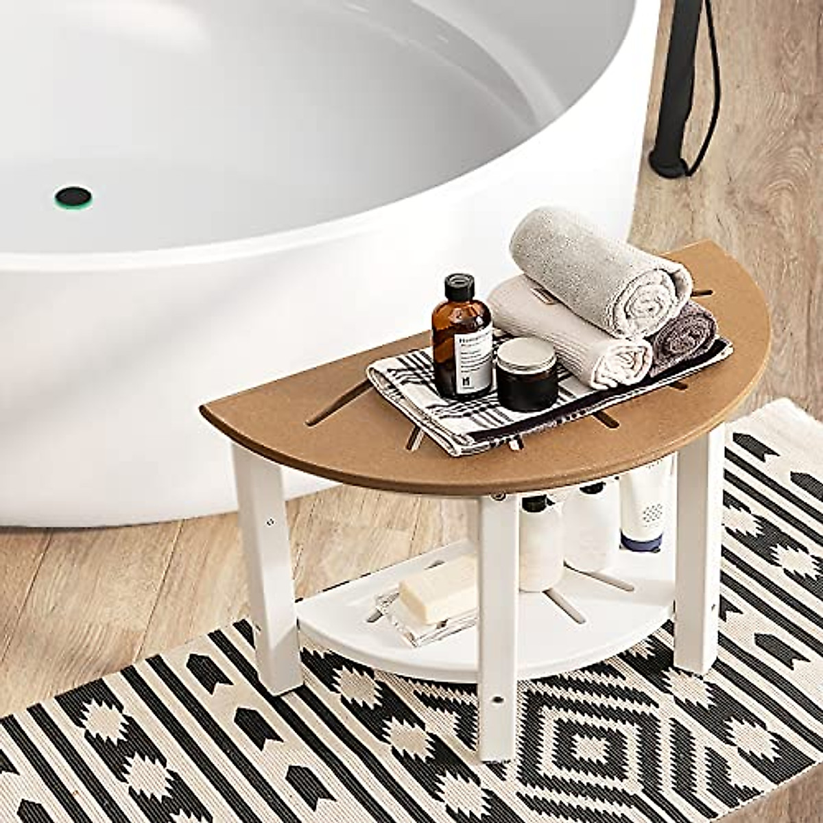 Giantex Shower Stool Waterproof HDPE - Bath Spa Seat for Shaving Legs, Storage Shelf, Non-Slip Feet, Semicircular Slat Seat, Shower Bench Step Footrest for Bathroom, Easy to Assemble