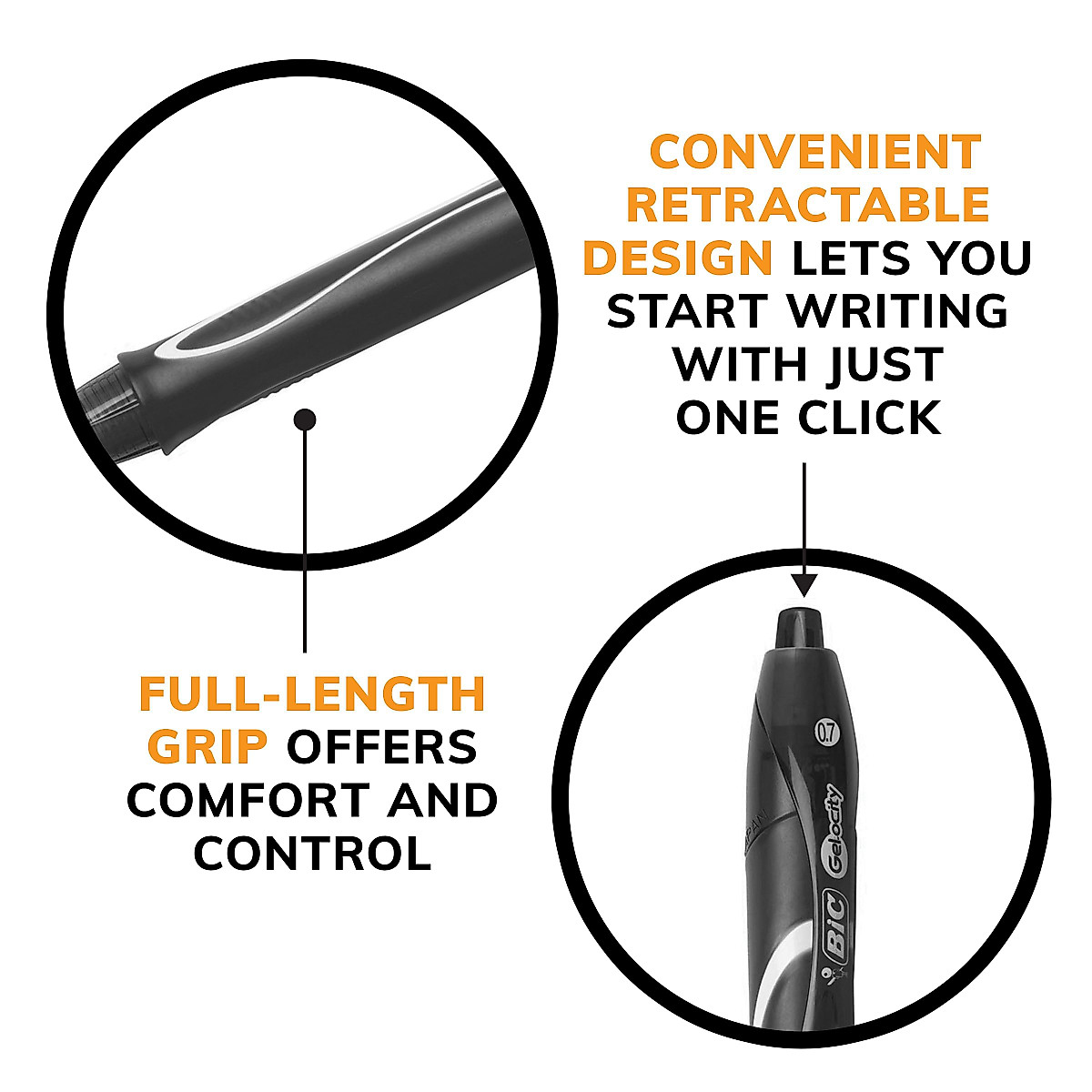 BIC Gel-ocity Quick Dry Black Gel Pens, Medium Point (0.7mm), 12-Count Pack, Retractable Gel Pens With Comfortable Full Grip