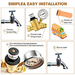 Twinkle Star RV Water Pressure Regulator Valve with Gauge and Inlet Screened Filter for Camper Travel Trailer