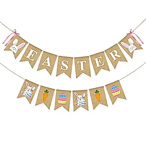 JOZON Easter Burlap Banner and Bunny Easter Eggs Carrot Burlap Banner Easter Banner Garland with Bunny Rabbit Signs and Bows Easter Decorations Party Decor for Easter Spring Party Supplies