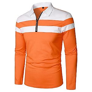 HOOD CREW Men’s Long Sleeve Polo Shirt Casual Slim Fit Shirts Contrast Color Patchwork T Shirts Cotton Tops Orange XXL