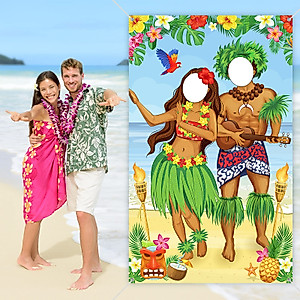 Frienda Luau Couple Photo Door Banner Hawaiian Party Decorations Tiki Luau Photo Props Aloha Tiki Banner for Party Decorations Hawaiian Door Banner Luau Party Supplies for Tropical Beach Party, 6 x 3.6 ft