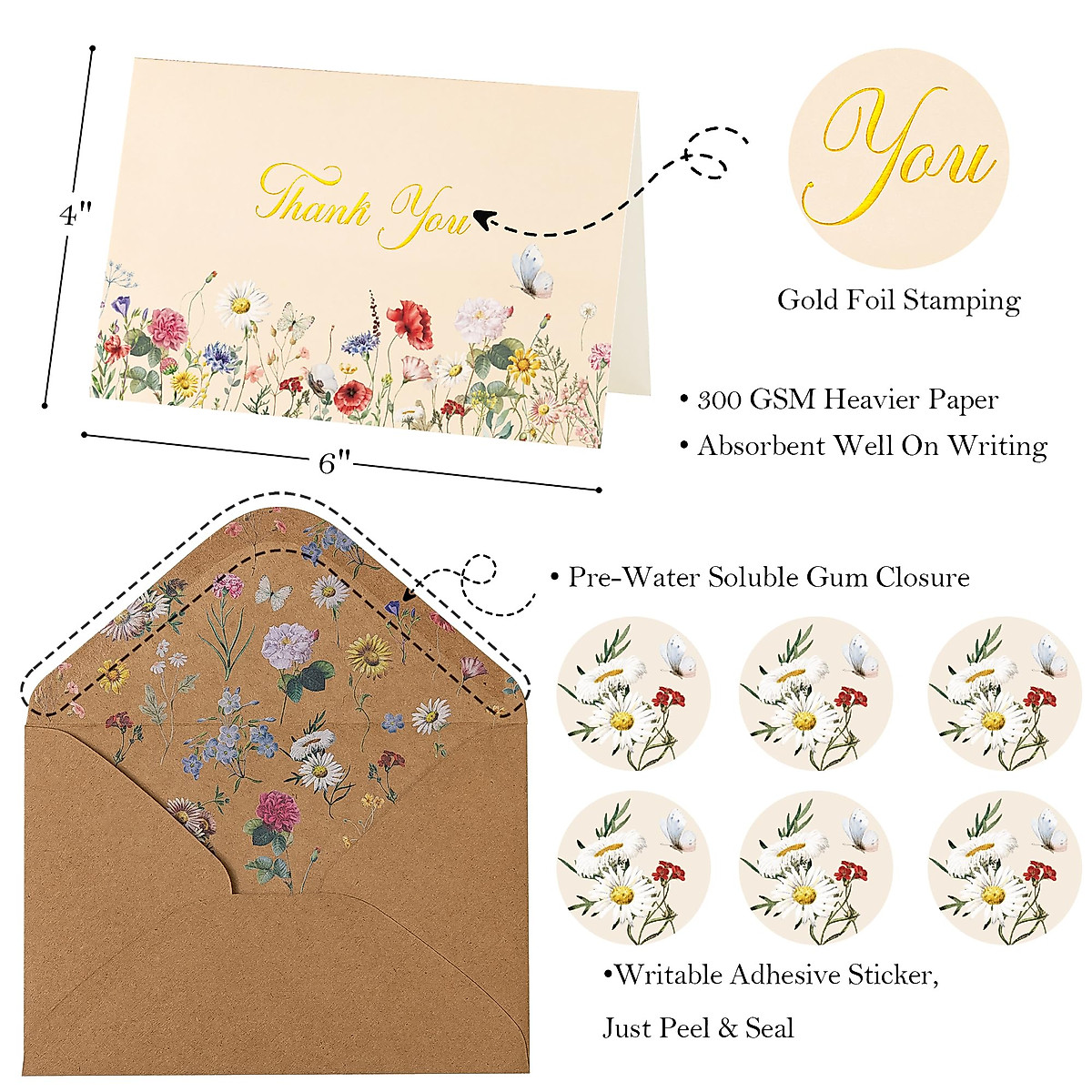 Crisky Vintage Floral Thank You Cards with Envelopes & Stickers 50 Pack Wildflower Thank You Cards Bulk for Birthday, Baby Shower,Bridal Shower, Wedding, Graduation, Business