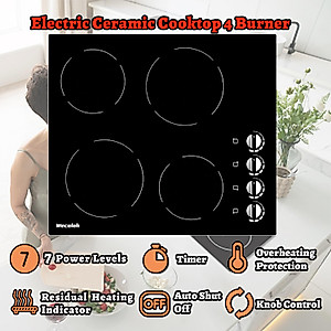 Weceleh Electric Cooktop 24 Inch 4 Burners, 24 Inch Electric Cooktop 4 Burner, Electric Stove Top 24 Inch, 24 Electric Cooktop Ceramic, Knob Control, Drop Built-In, Black, 220-240V, Glass, 6000W