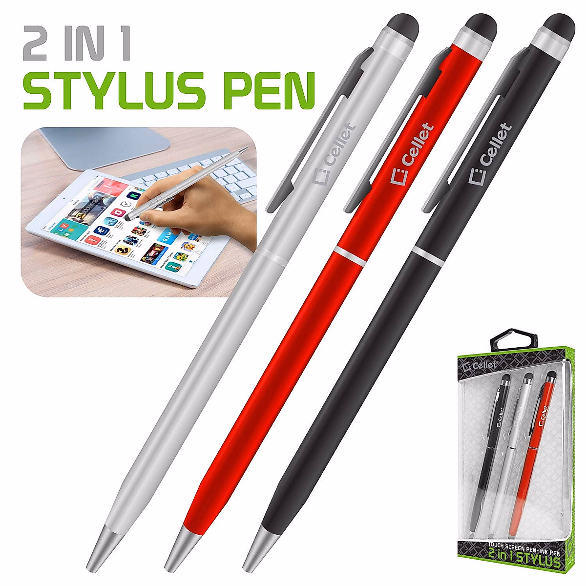 PRO Stylus Pen for Bose SoundSport Free with Ink, High Accuracy, Extra Sensitive, Compact Form for Touch Screens [3 Pack-Black-Red-Silver]