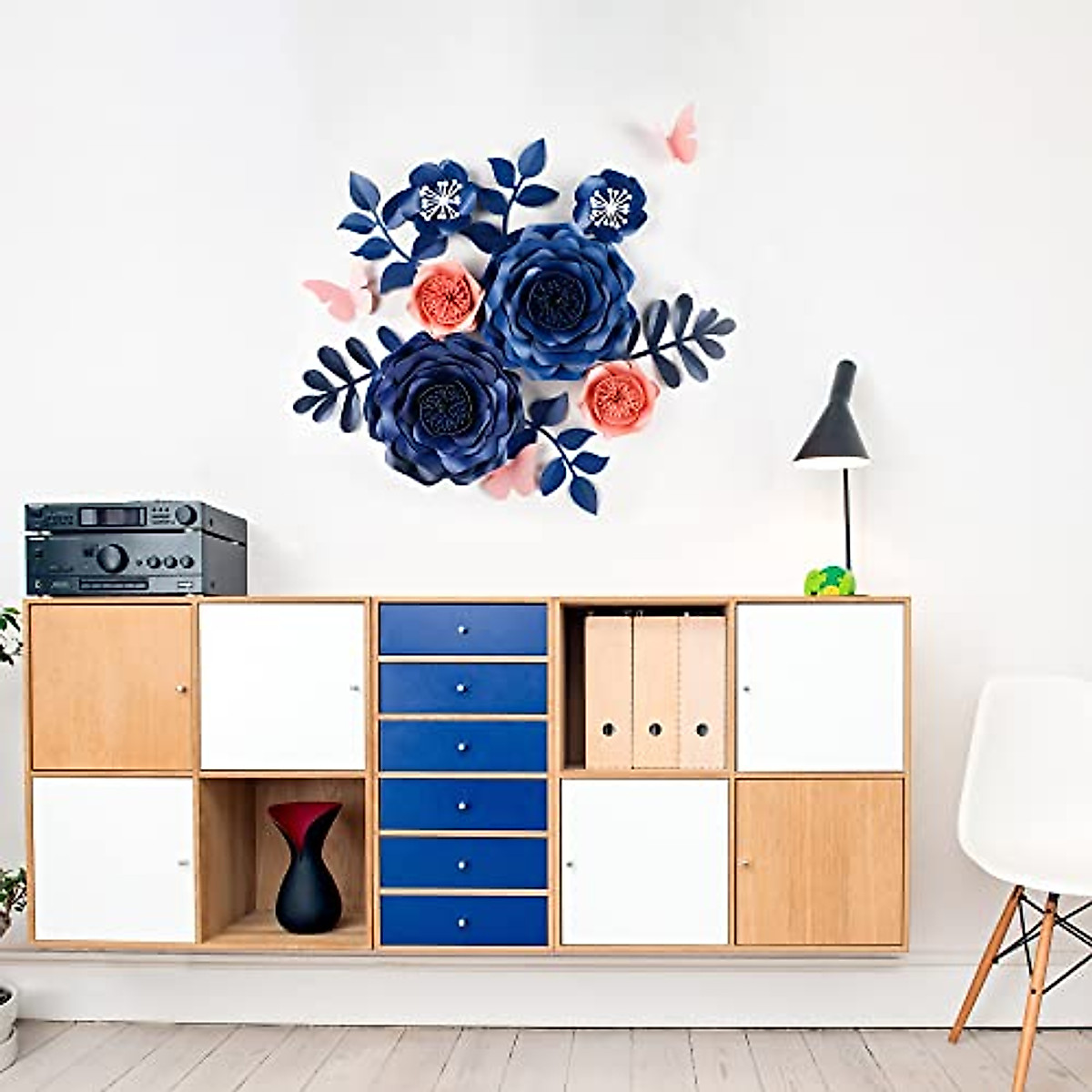 Fonder Mols Giant 3D Paper Flowers Decorations for Wall (Navy Blue & Pink, Set of 16), Baby Boy Shower, Nautical Wedding & Bridal Shower, Shark Birthday Party Photobooth Backdrop(NO DIY)