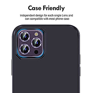 Xfilm Camera Lens Protector for iPhone 14 Pro/iPhone 14 Pro Max, Bling Glitter 9H Hardness Drop-Proof Metal Individual Ring Protector, Strong Adsorption, Case Friendly (Deep Purple Glitter)