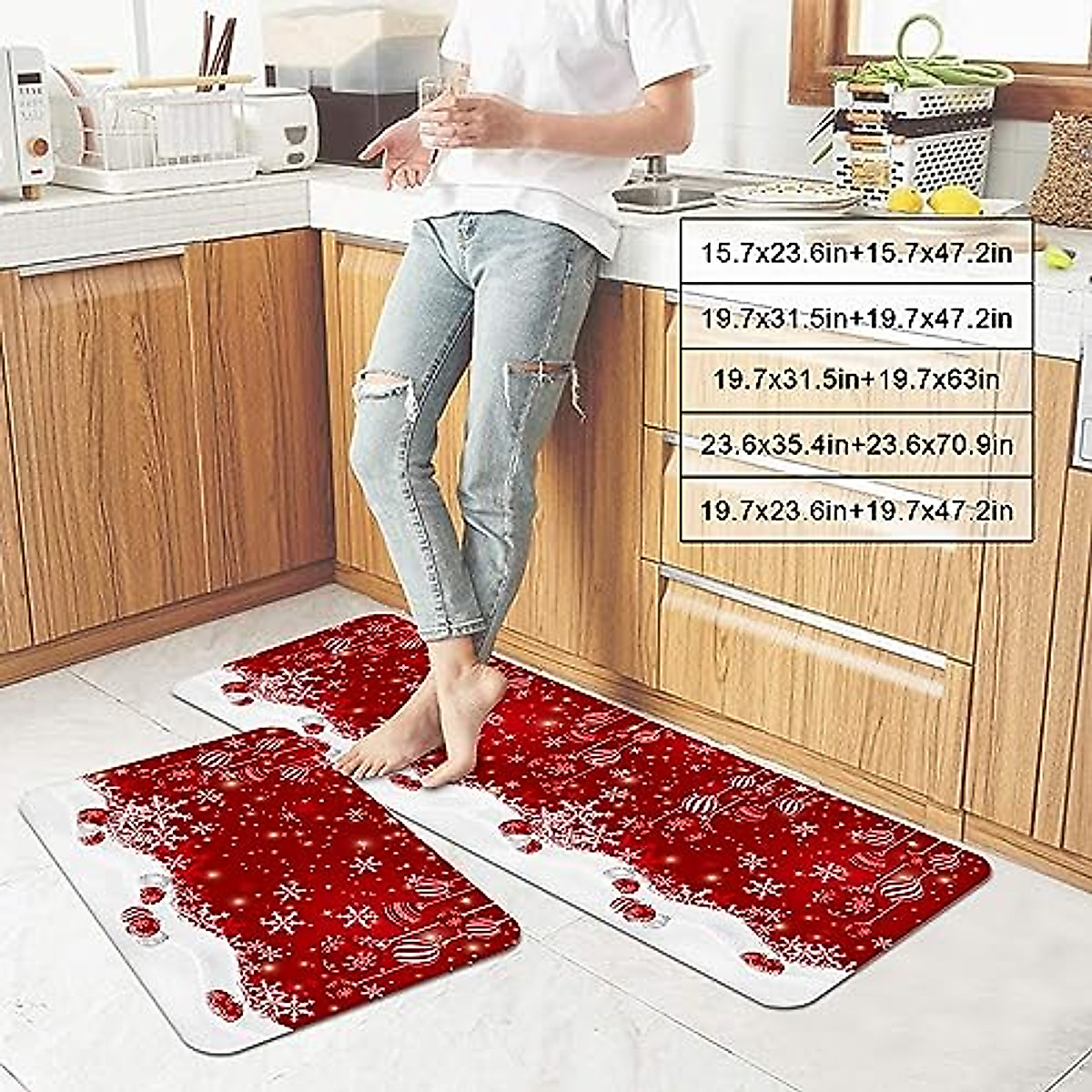 2 Pieces Kitchen Rugs and Mats Red Christmas Shiny Stars Xmas Balls,Non Slip Indoor Doormats Set,Washable Floor Carpet Area Runner for Laundry Sink Home Decor Winter Snowflakes