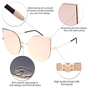 SOJOS Cat Eye Mirrored Flat Lenses Ultra Thin Light Metal Frame Women Sunglasses SJ1022 with Gold Frame/Pink Mirrored Lens