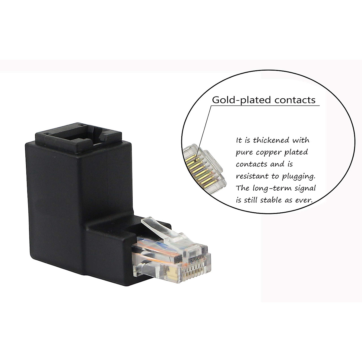 CERRXIAN 90 Degree Ethernet LAN RJ45 Male to Female, Right Angle Network Cat5 / Cat5e / Cat6 Extender Adapter(2-Pack) Black,(Up Angle)