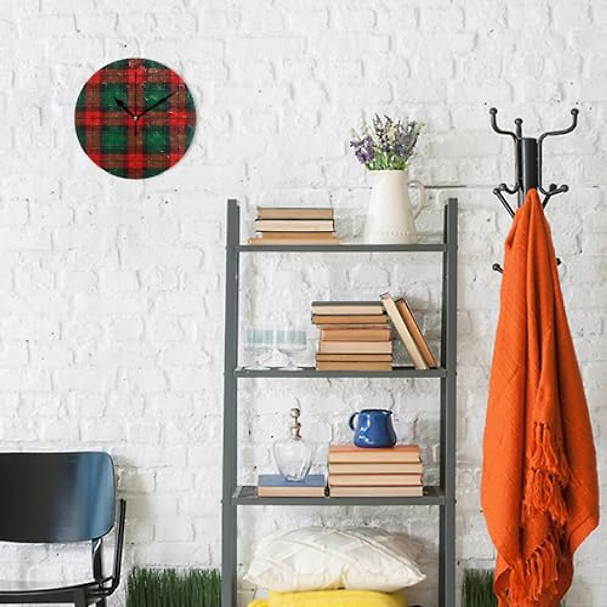 Haskirky Round Digital Clock Red and Green Grid Creative Decorative Quiet Not Ticking Clock,Bedroom Living Room Bathroom Kitchen Office Wall Ornament (Gold 10x10In)