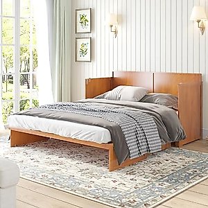 Mjkone Murphy Bed, Queen Murphy Cabinet Bed with Foldaway High Elasticity Foam Mattress Murphy Chest Bed with Large Storage Drawers Murphy Bed Cube Cabinet with USB Charging Station, Cherry