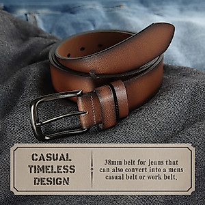 YOETEY Full Grain Leather Belts for Men - Black Belt Men 1.5" Width for Jeans - Thick & Durable with Extra Loop