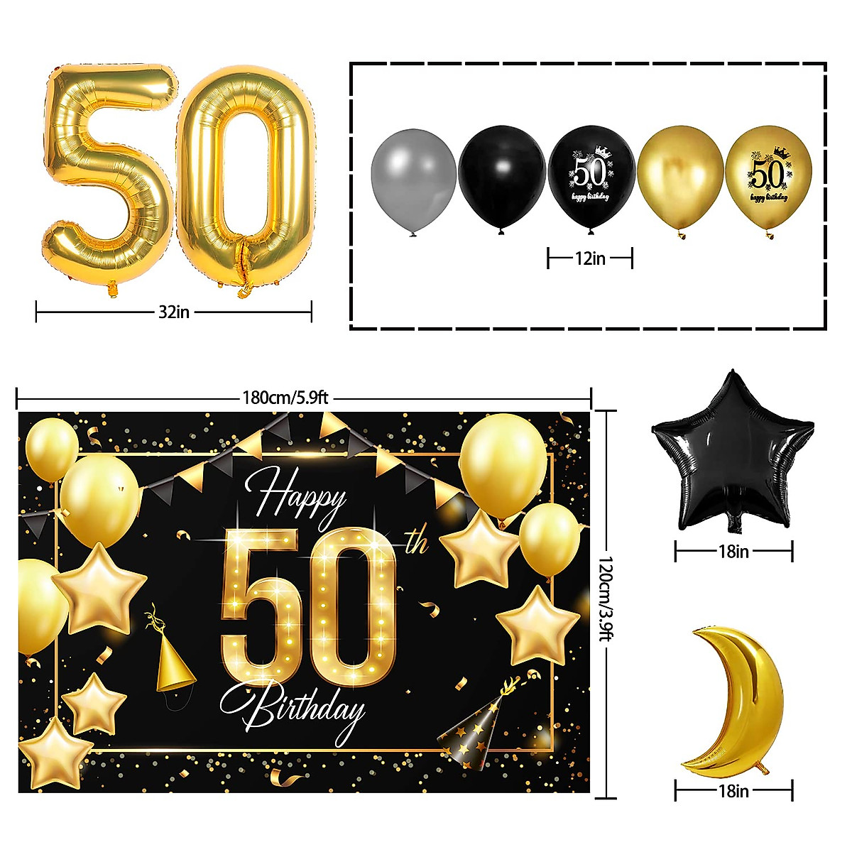 Happy 50th Birthday Balloons Gold Set Decor - Cheers to 50 Years Old Party Theme Garland Star Moon Banner Backdrop Decorations For Women and Men Supplies