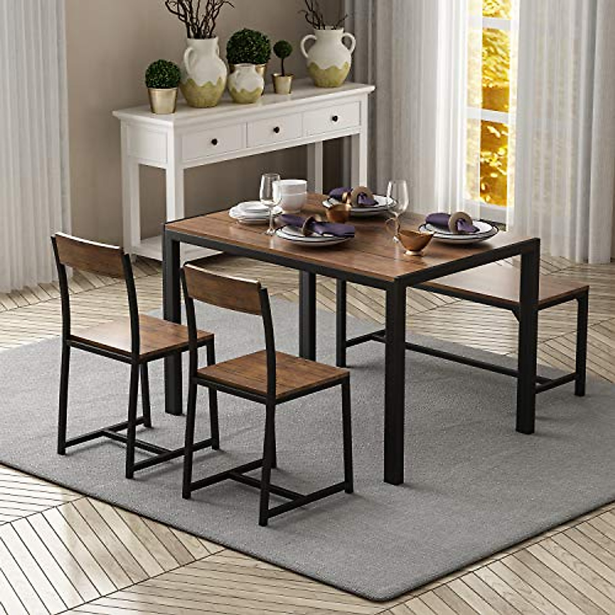 FUILIAY 4 Piece Wooden Dining Set for Kitchen, Home Dining Room, Rectangular Table with Bench and 2 Chairs, Steel Frame - Brown