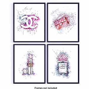 Fashion Glam Wall Art Decor Prints - Chanel Pink Wall Decor For Girls Bedroom Makeup Room - Glam Decor  Wall Posters - Perfume Handbag Makeup Art - Glam Fashion Wall Art Prints - Set of 4 (8x10) - Unframed