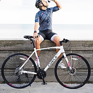 L-TWOO Road Bike 700C Wheels 3 x 8/24 Speed Dual Disc Brake Road Bike Straight Handlebar Smooth Shifting Hybrid Bike Commuter Bike for Women Men Junior Senior, White