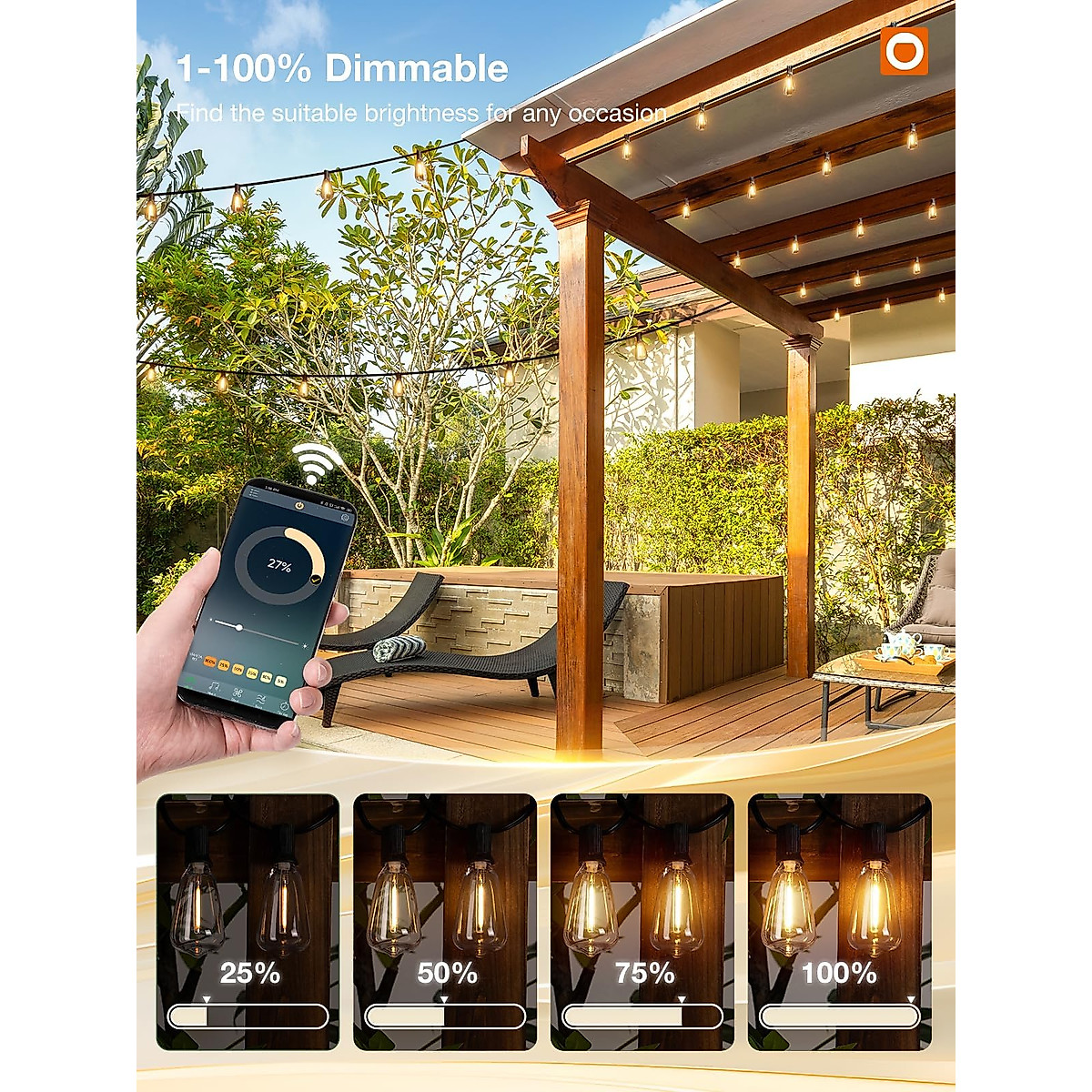 addlon 48FT Smart Outdoor String Lights, Dimmable Patio Lights with 15 Waterproof LED Edison Bulbs, String Lights for Outside Work with APP Control, Music Sync Outdoor Lights for Bistro Backyard Party