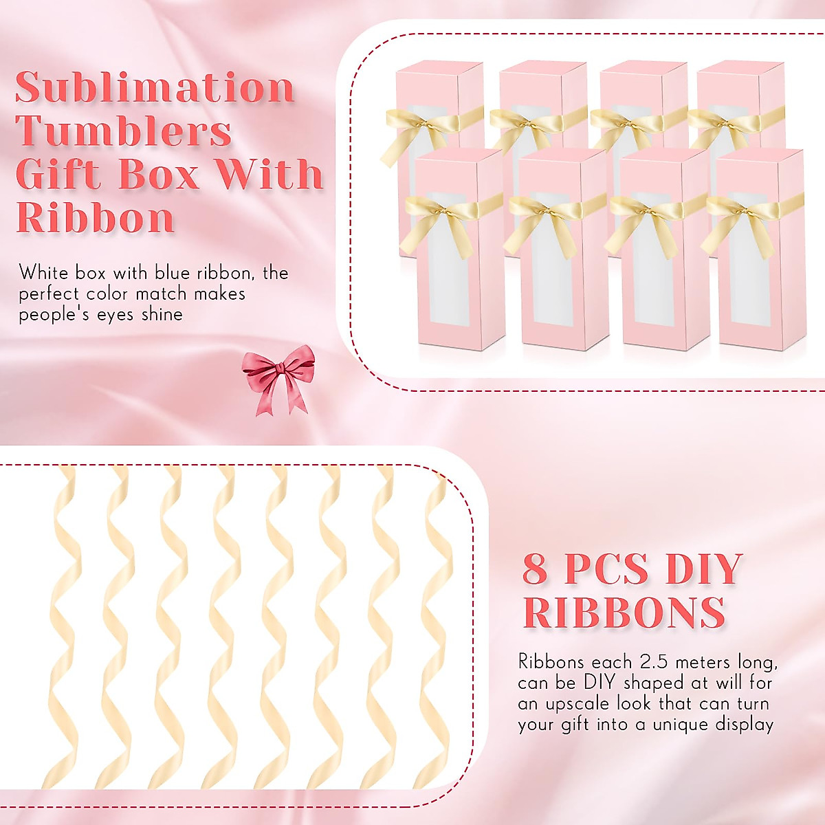 PerKoop 24 Pcs Tumbler Gift Boxes with Ribbon Sublimation Tumbler Transparent Exhibition Gift Boxes 12 oz, 20 oz, 30 oz Heat Press Sublimation Blanks Skinny Tumbler Gift Wrapping (Pink, Yellow)