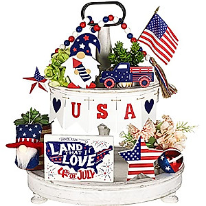 10 Pcs Patriotic Tiered Tray Decor Bundle 4th of July Wood Signs Mini Signs American Star Decor Veterans Day Red White Blue Decorations for Independence Day Decor (Cute Style)