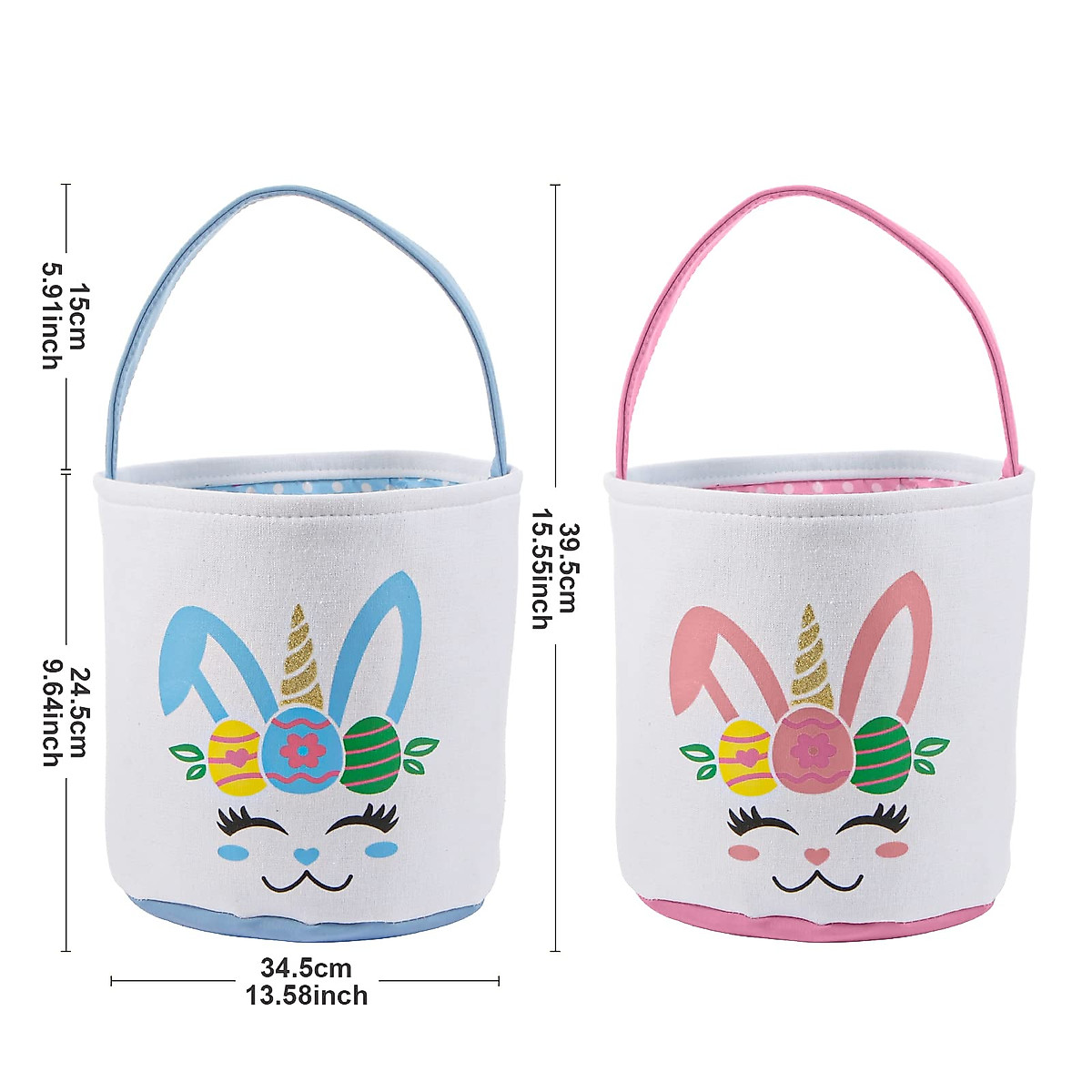 SHOKUTO Easter Bunny Basket Bags, 2Pcs - Polyester, Cotton, Multicolor, Round, 9"x 9"x 10"