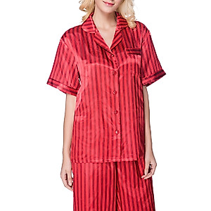 Lavenderi Women's Short Sleeve Classic Satin Pajama Set（Large,Red Stripe