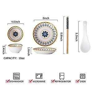 Binvertaocier 14-Piece Porcelain Asian Bowls Set with Spoons Rice Bowls with Chopsticks 10 Oz Bowls,Small Soup Bowls,Asian Plates and Bowls Set, (Modern blue)