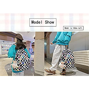 Nouflux Kawaii Backpack for Girls School Cute Backpack with Doll Checkerboard Backpack Teen Girls(Black)