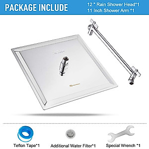 Rain Shower Head with 11’’ Adjustable Extension Arm, Large Stainless Steel High Flow Rainfall Square Shower head, Bath Shower Waterfall Full Body Coverage (12 Inch Showerhead with Arm, Chrome)