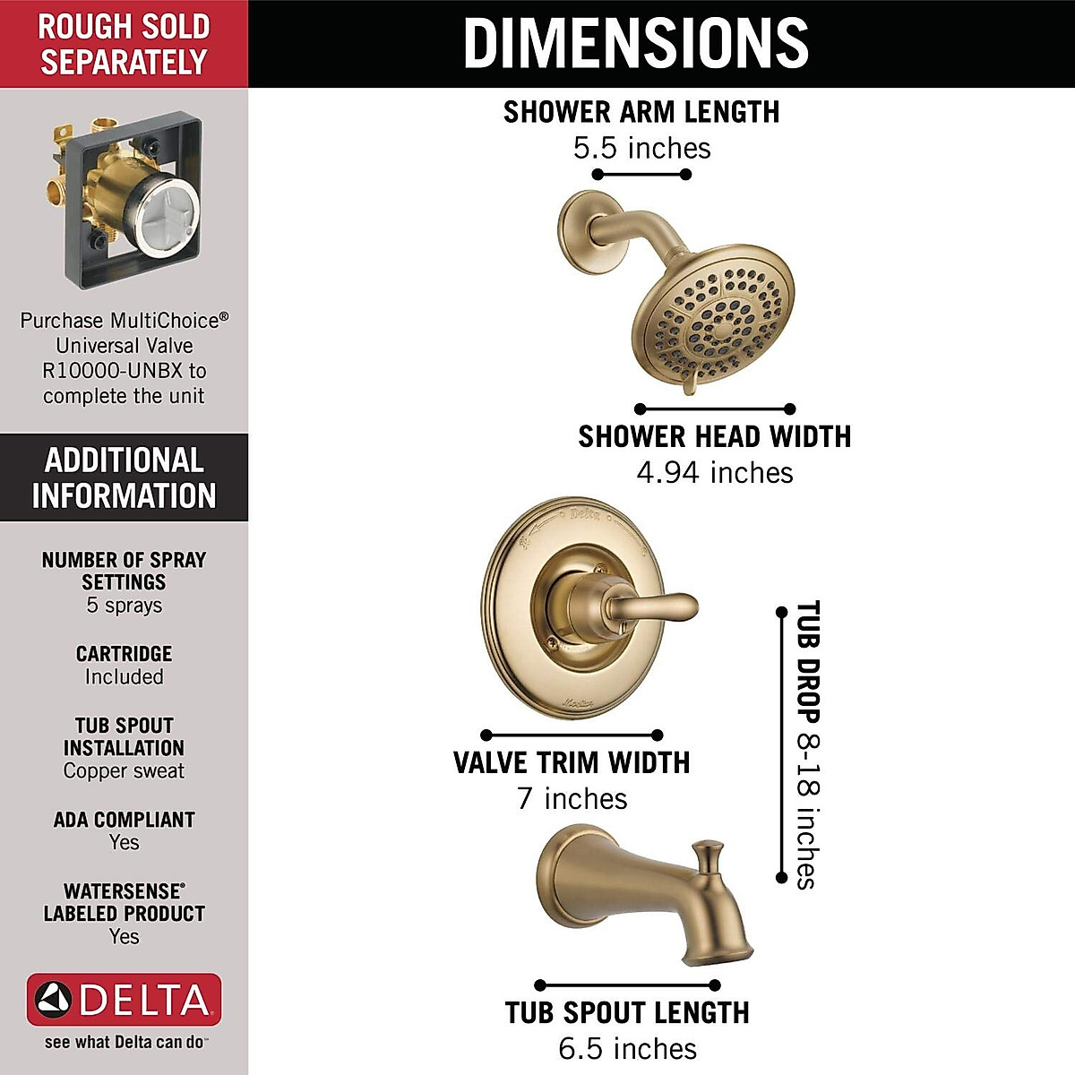 Delta Faucet Linden 14 Series Single-Function Tub and Shower Trim Kit with 5-Spray Touch-Clean Shower Head, Champagne Bronze T14494-CZ (Valve Not Included), Without Rough