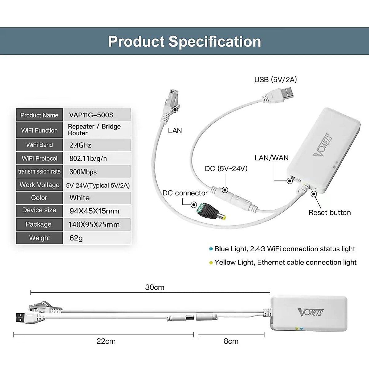 【Upgraded Version】 VONETS VAP11G-500S Industrial High-Power 2.4GHz WiFi Bridge/Wireless Router/Ethernet WiFi to Ethernet Adapter for Industrial Application, PLC, Printer, Medical, Network Devices