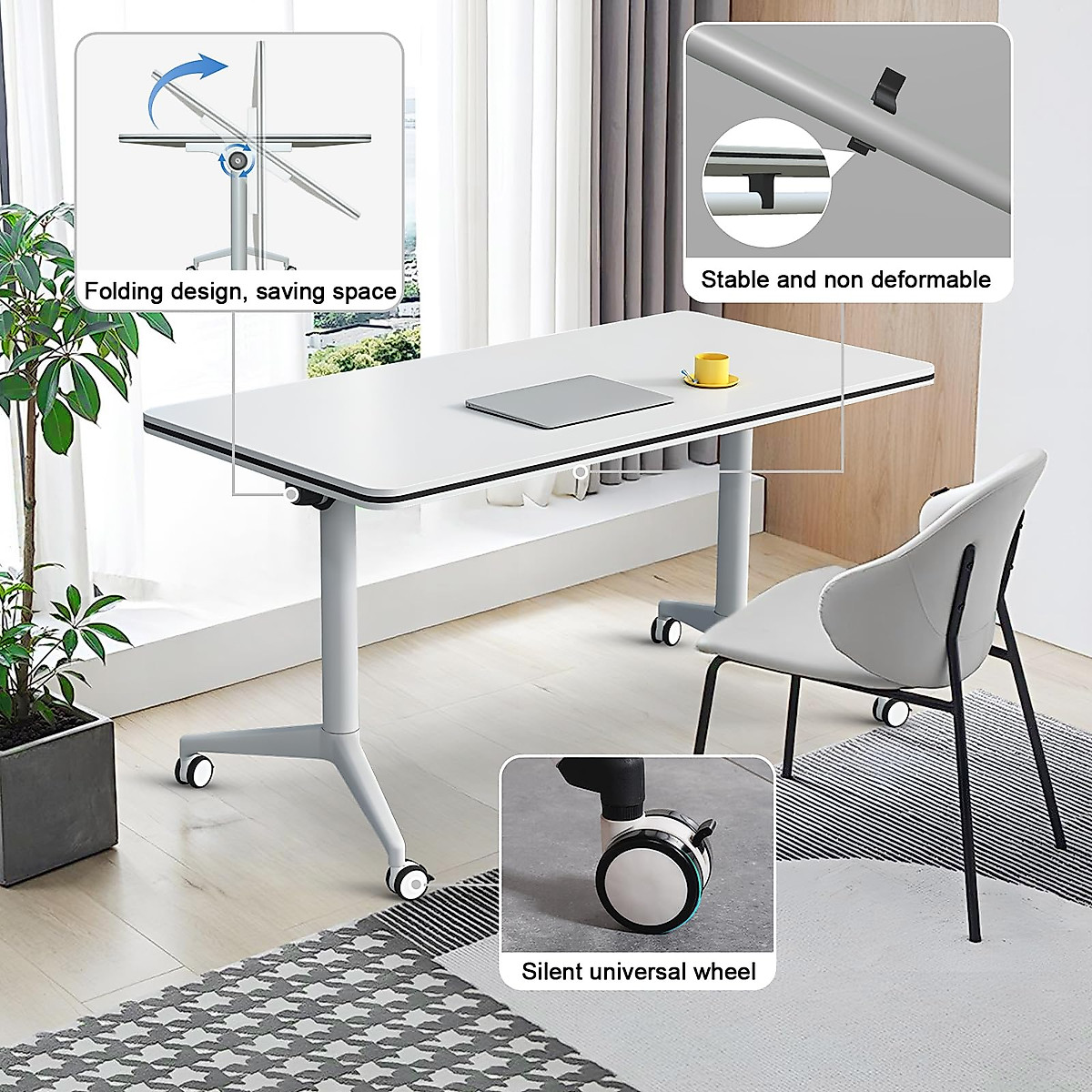 conference table,modern white office folding Flip Top Mobile Training Table 55"D x 21.6"W x 29.5"H The rounded table with wheels is convenient and fast,suitable for office,meeting room,classr ( 4Pcs)