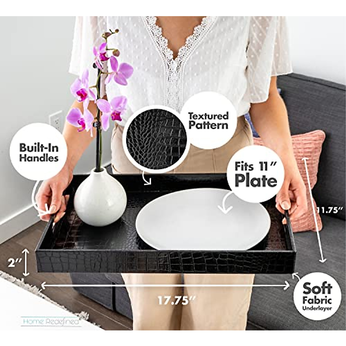 Home Redefined 18”x12” Rectangle Alligator Faux Leather Decorative Serving Tray with Handles, Black