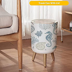 Small Trash Can with Lid Marine hand drawn sea shells stars seahorse coral Highly detailed Round Garbage Can Press Cover Wastebasket Wood Waste Bin for Bathroom Kitchen Office 7L/1.8 Gallon