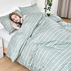 PHF Striped Duvet Cover Queen Size, Green Pre-Washed Soft Bedding Set for All Season, 1 Elegant Classic Striped Pattern Comforter Cover with 2 Pillowcases, 3PCS, 90" x 90"