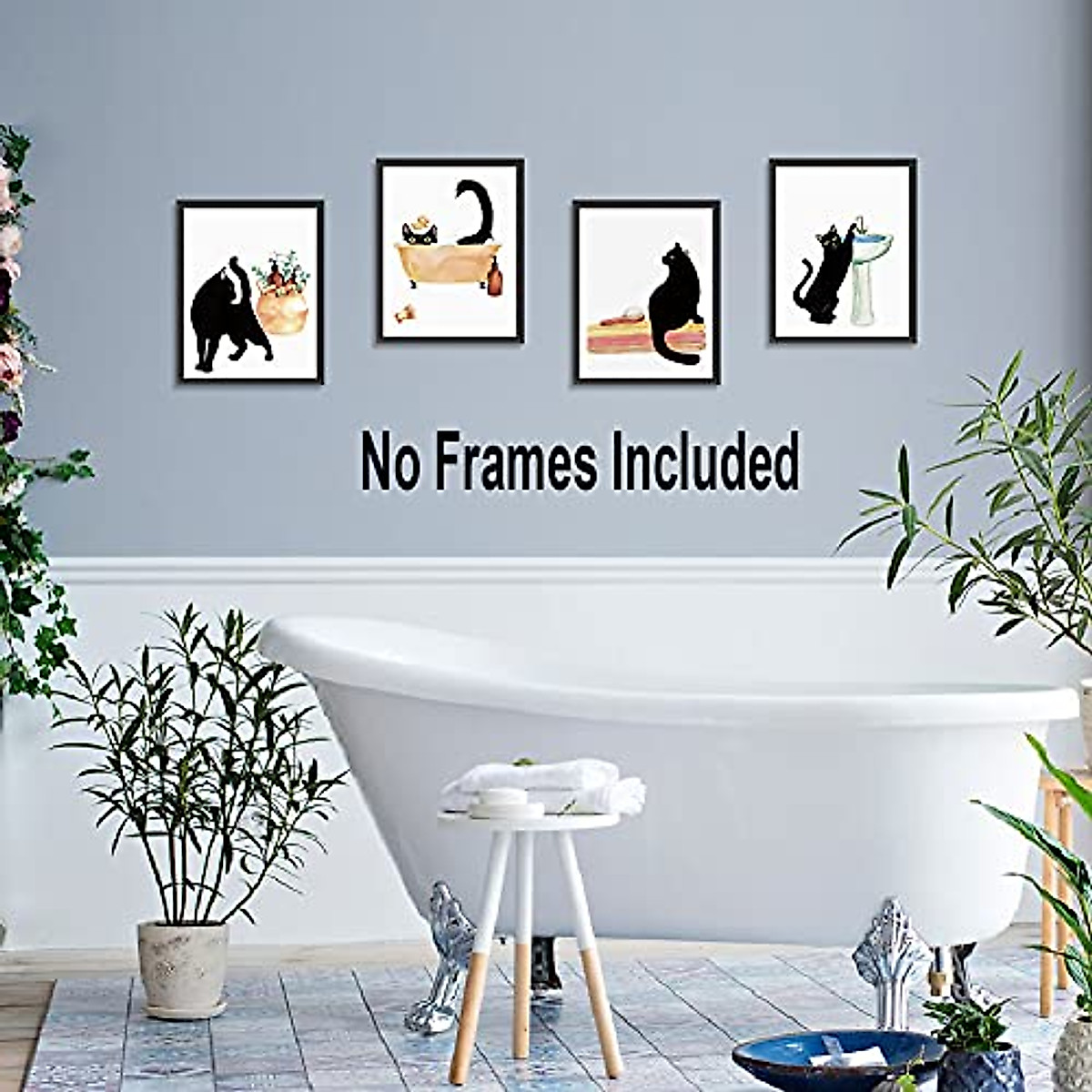 LHIUEM Black Cat Bathroom Decor, Funny Bathroom Wall Art, (Set of 4,8"X10",unframed) Modern Animals Kitty Pictures, Kitten Bathing Canvas Poster cat Lady Gifts for Women,Bathroom Set Decor