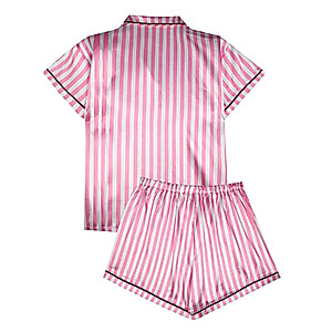 Remidoo Women's Striped Silk Satin Short Sleeve Button Down Pajama Set 2 Piece Pjs Loungewear Pink Large