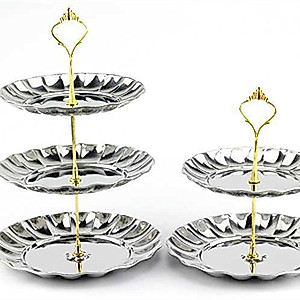 3-Tier Cupcake Stand NHSUNRAY Round Stainless Steel Dessert Stand Cake Stand Wedding Parties Birthday Tea Party Serving Platter (3-Tier, silver)